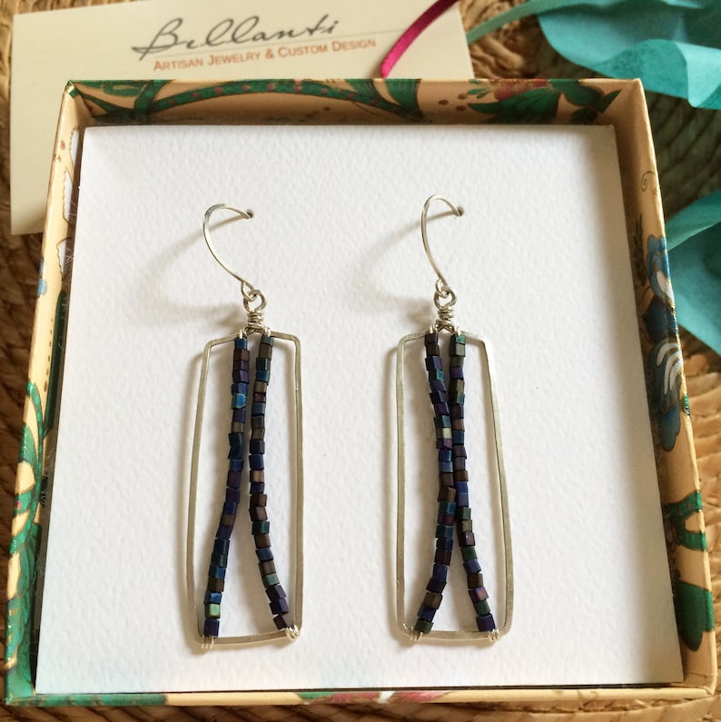 Long Silver Beaded Rectangle Earrings Geometric Hoop Dangles Sterling ...