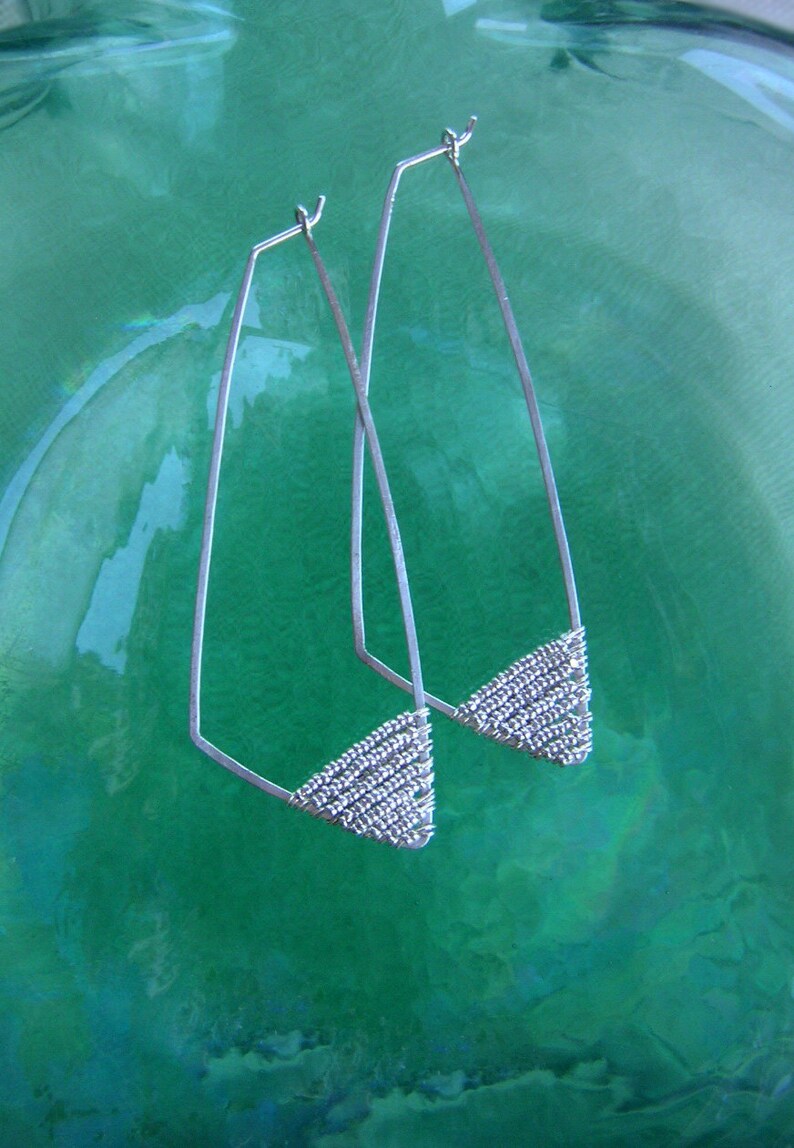 Long Beaded Silver Triangle Hoops Triangle Earrings Sterling Silver ...