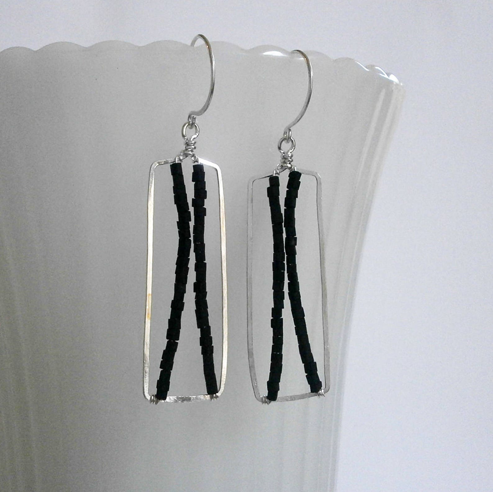 Long Silver Beaded Rectangle Earrings Geometric Hoop Dangles Sterling ...