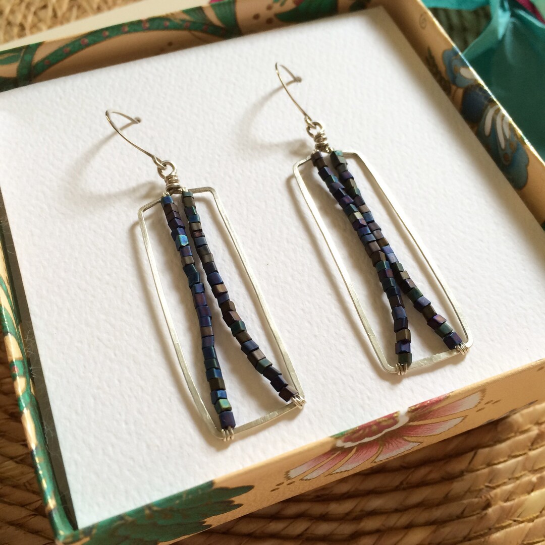 Long Silver Beaded Rectangle Earrings Geometric Hoop Dangles Sterling ...