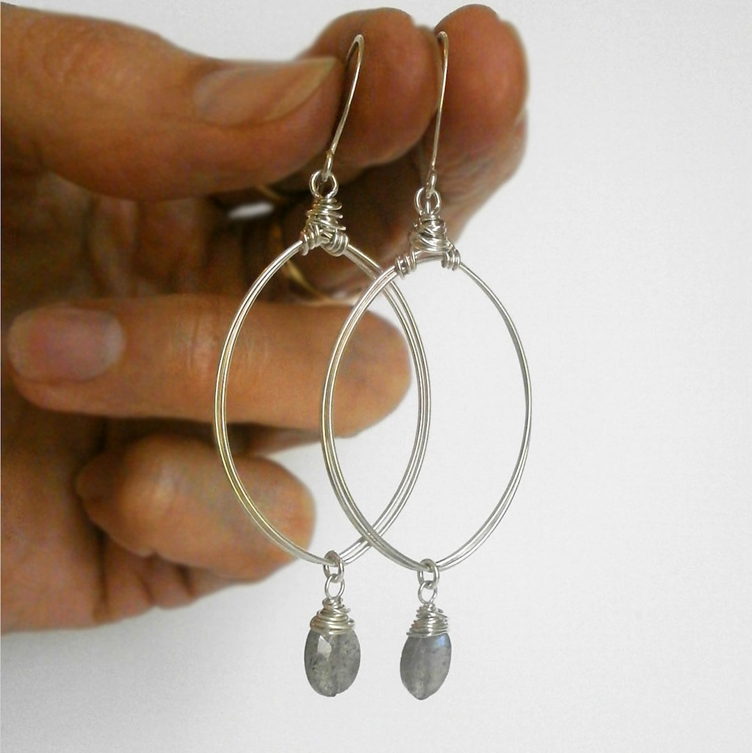 Silber Oval Creolen Labradorit Ohrringe Lange Edelstein Baumeln Sterling Silber Tropfen Ohrringe ...