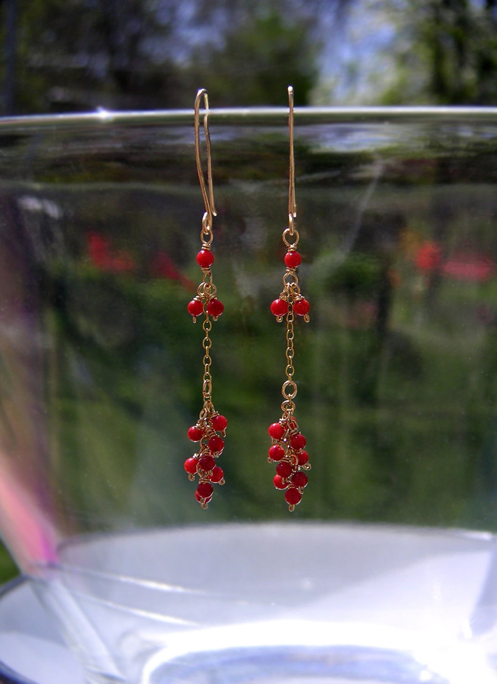 Red Coral Cluster Gold Chain Earrings Delicate Gemstone Fringe Dangles ...