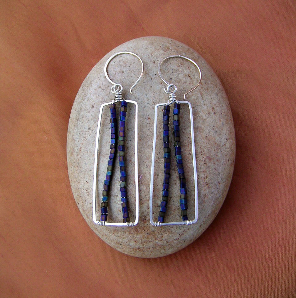 Long Silver Beaded Rectangle Earrings Geometric Hoop Dangles Sterling ...