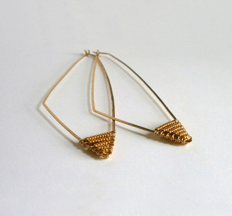 Long Beaded Silver Triangle Hoops Triangle Earrings Sterling Silver ...