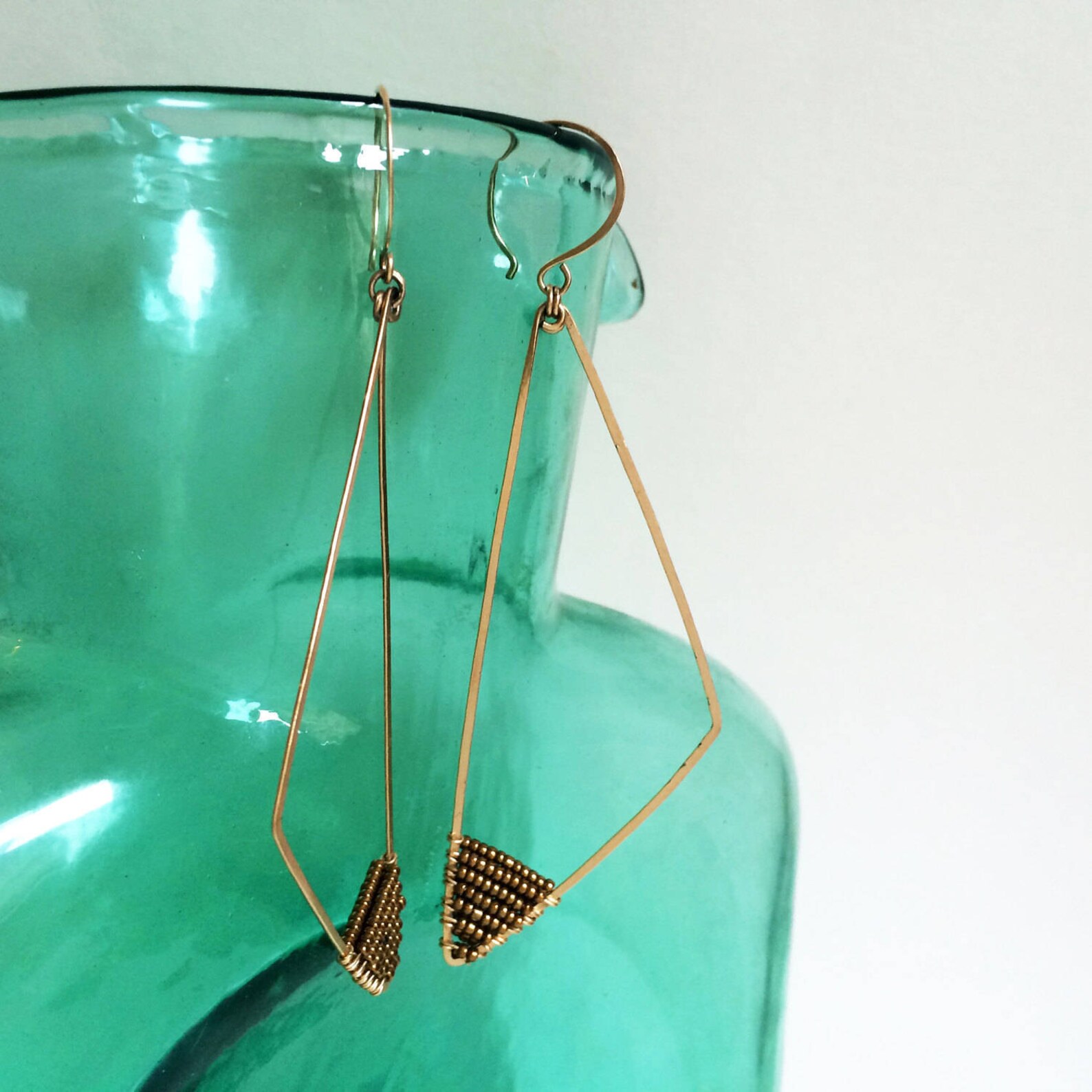 Gold Beaded Triangle Hoop Earrings Long Geometric 14k Gold - Etsy