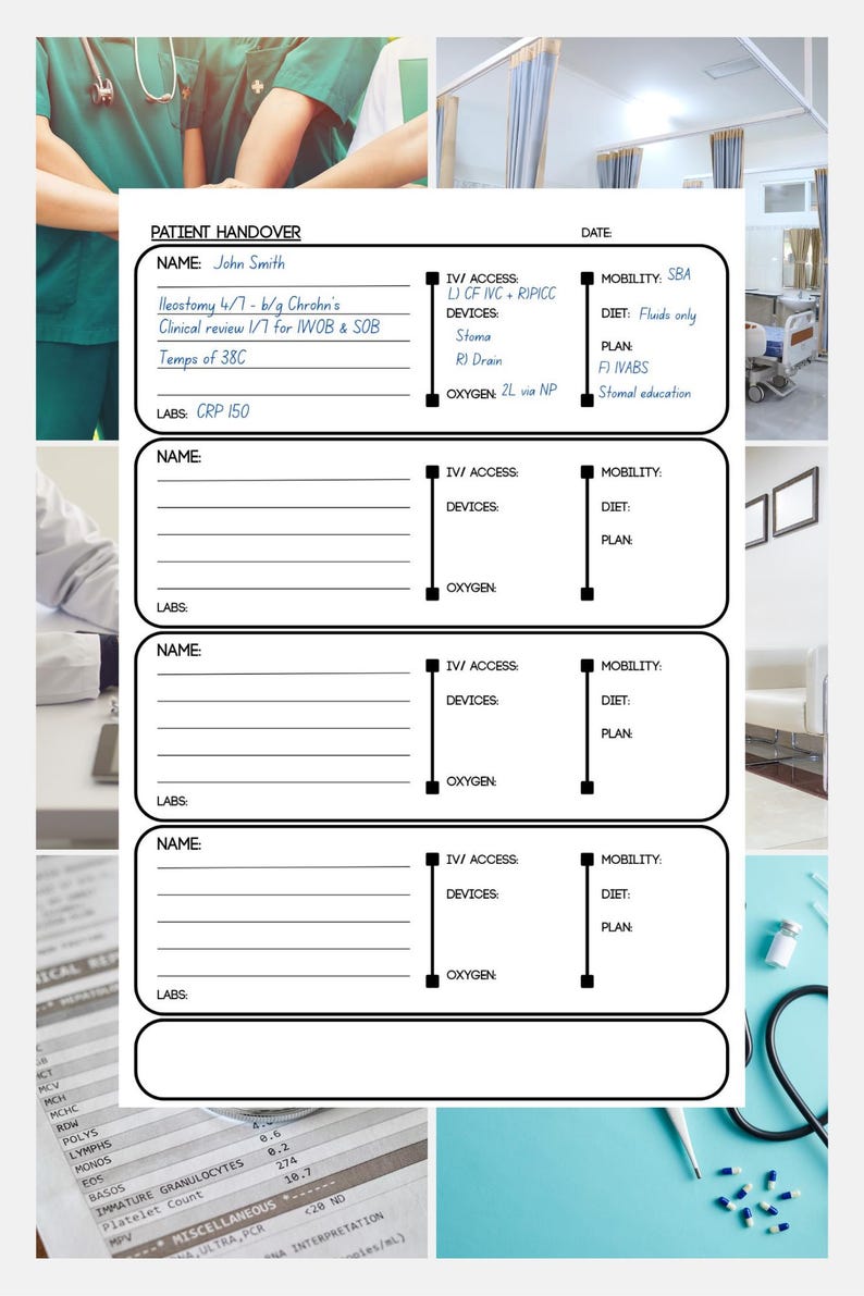Printable Nursing Handover Sheet | Nurse Report Template | Shift Report Planner for Ward, ICU ...