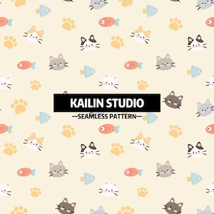 Cute Cat Seamless Pattern, Kawaii Kitty Digital Paper, Cartoon Cat ...