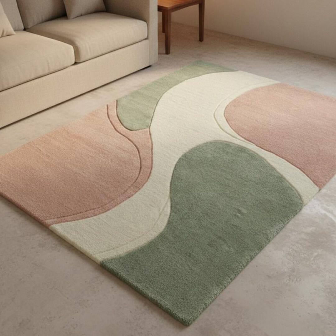 Soft Neutral Abstract Rug | Contemporary Green and Pink Design Modern ...