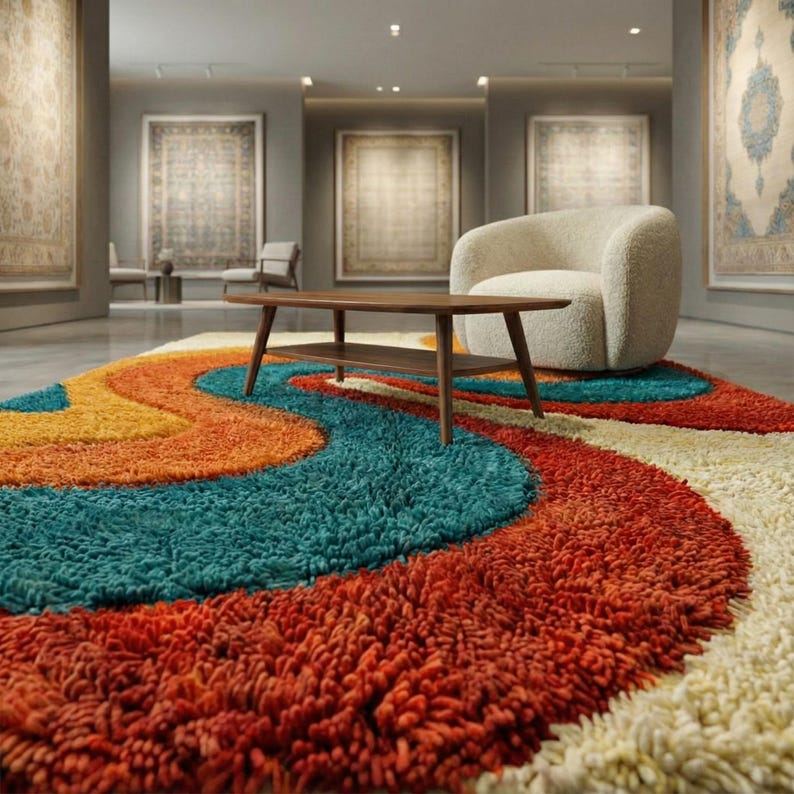 Retro 70s Wavy Rug | Hand Tufted Wool Area Rug | Abstract Mid Century ...