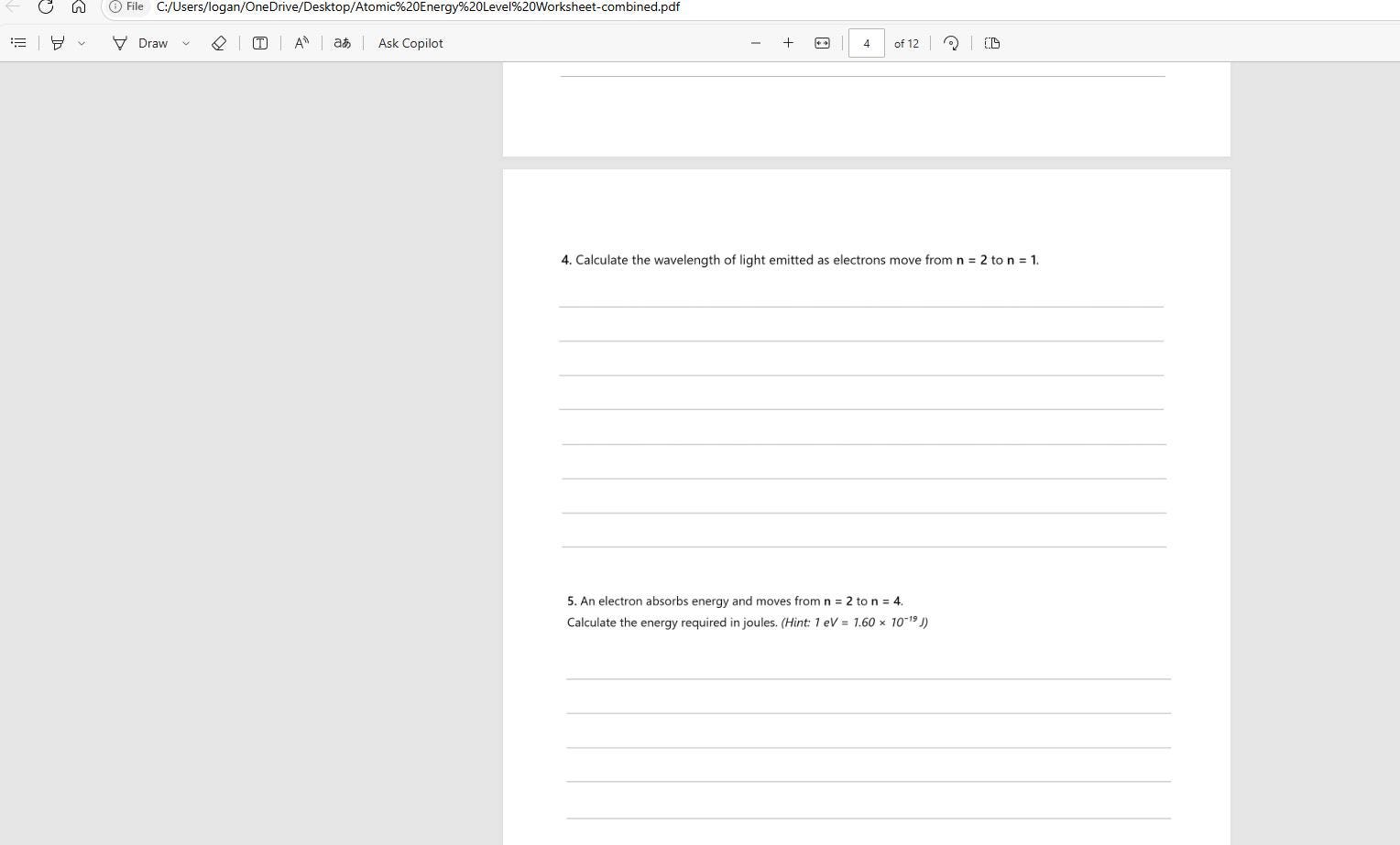 Atomic Energy Level Worksheet - Etsy