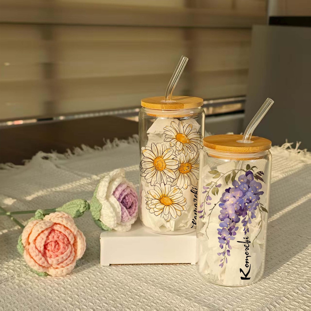 Personalized Birth Flower Glass, Custom Floral Cup,iced Coffee Tumbler ...