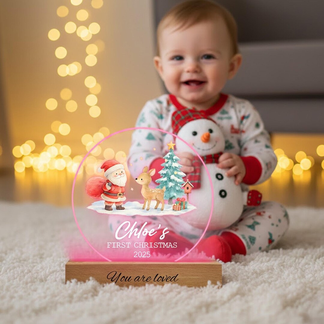 Personalized Baby Nursery LED Lamp – Santa and Reindeer Acrylic Light ...