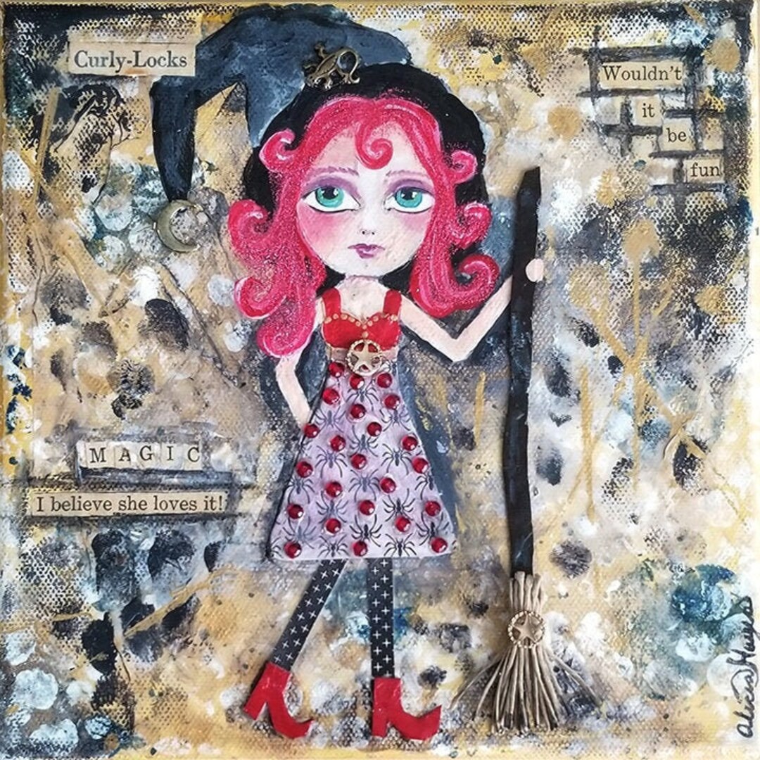 CHARLOTTE Mixed Media Original, Cute Witch, Halloween Decor, Witch, Art ...