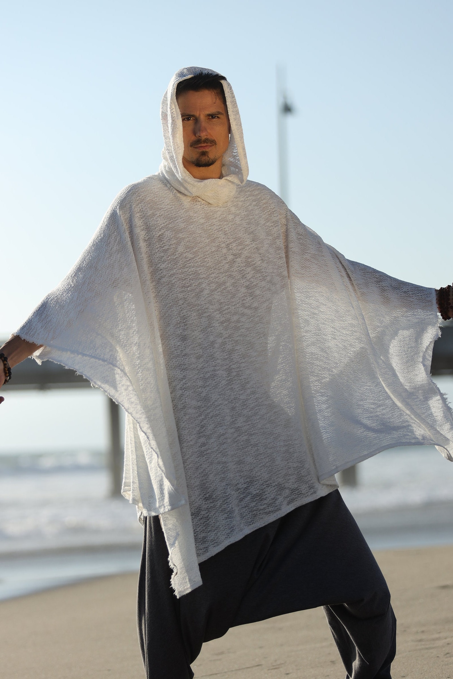 White Hoodie Hooded Poncho Meditation Shirt Knitted Poncho - Etsy
