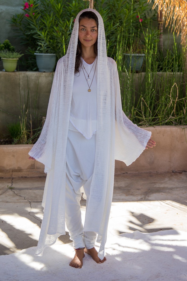 White Knit Hooded Cloak: Handmade Cotton Lycra Kimono Robe - Etsy