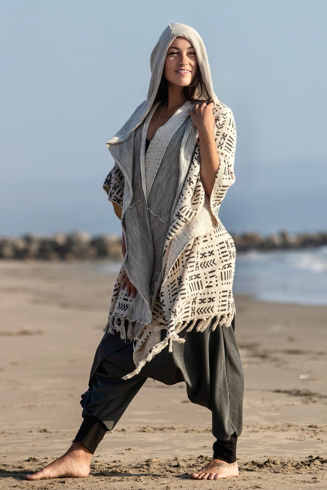 Hand Block Printed Limited Edition Handwoven Poncho in Black White ...