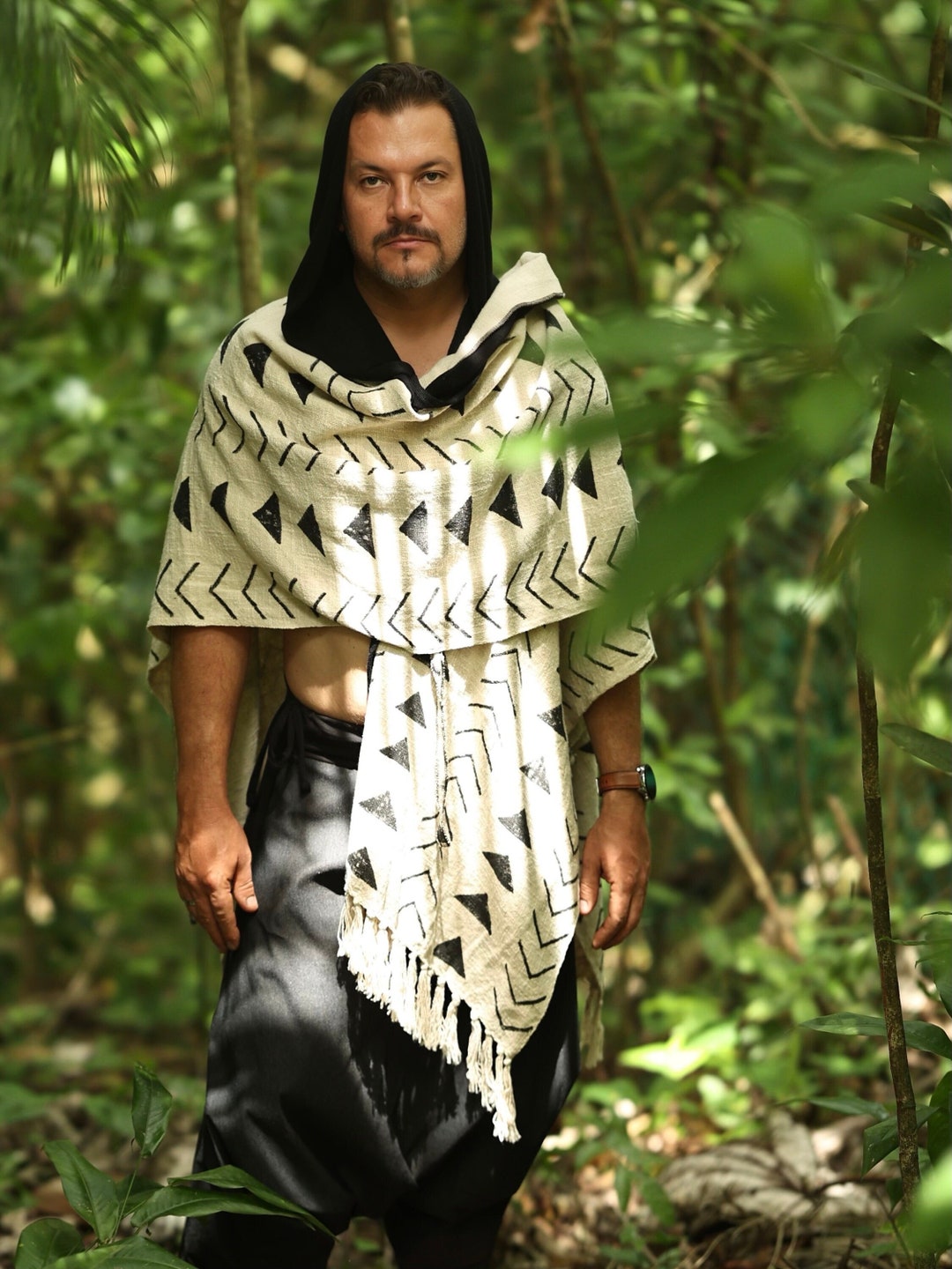 Block Printed Poncho Men White Ritual Robe, Desert Nomad Cloak With ...