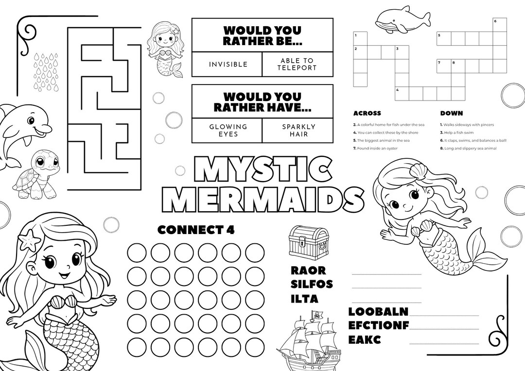 Mermaid Activity Placemat Printable | Kids Birthday Party Games | Under ...