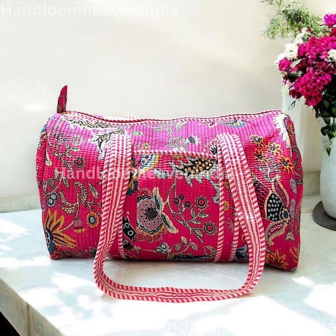 Pink Floral Quilted Duffle Bag Large Travel Weekend Overnight Carryall ...
