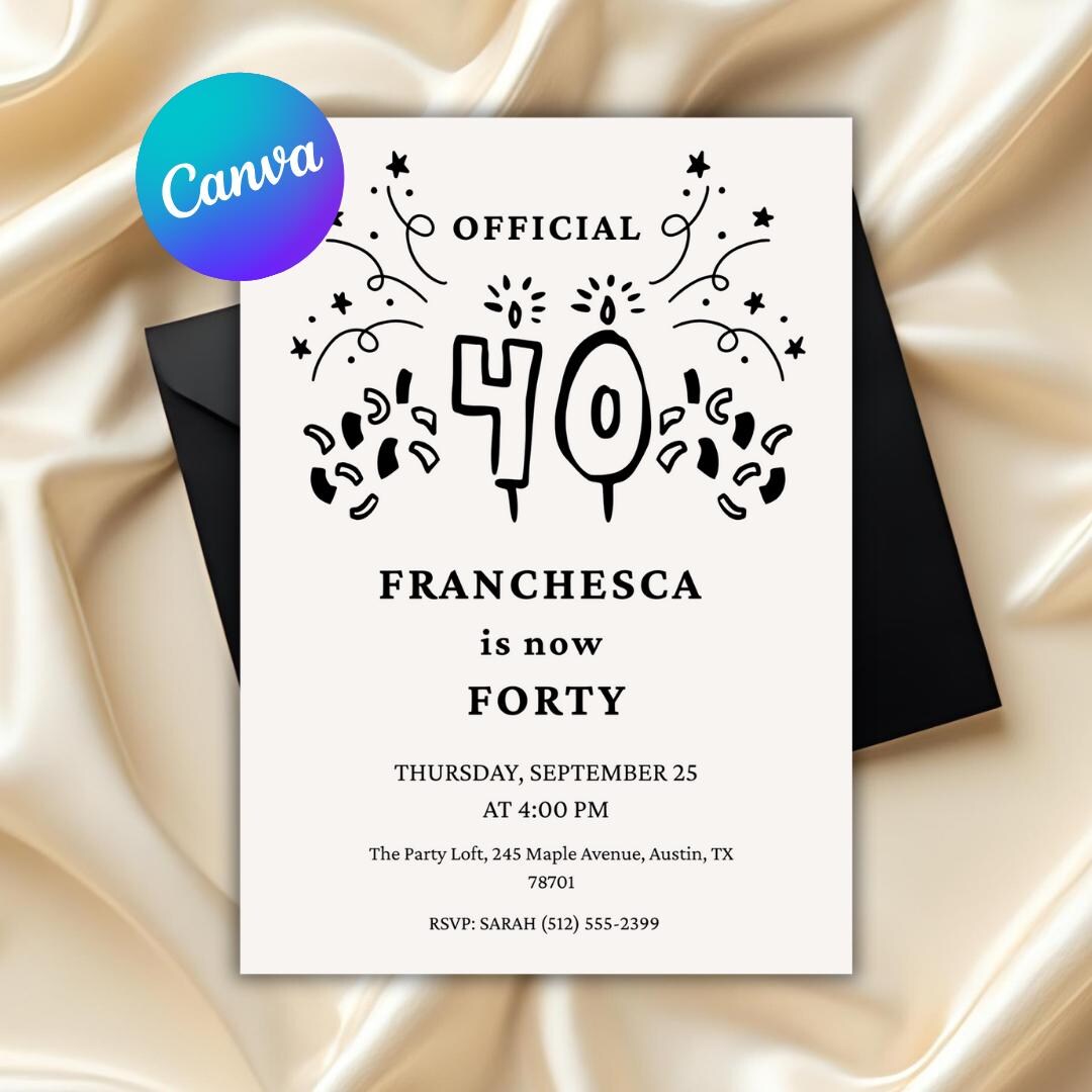 40th Birthday Invitation Editable Template | Black Theme 40th Birthday ...