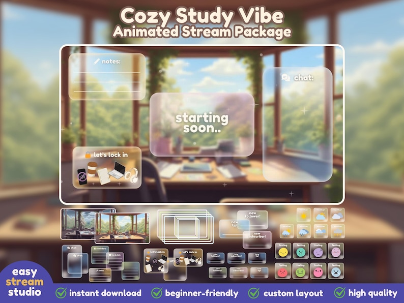 Cozy Study Vibe Twitch Youtube Stream Pack | Stream Overlays, Animated ...