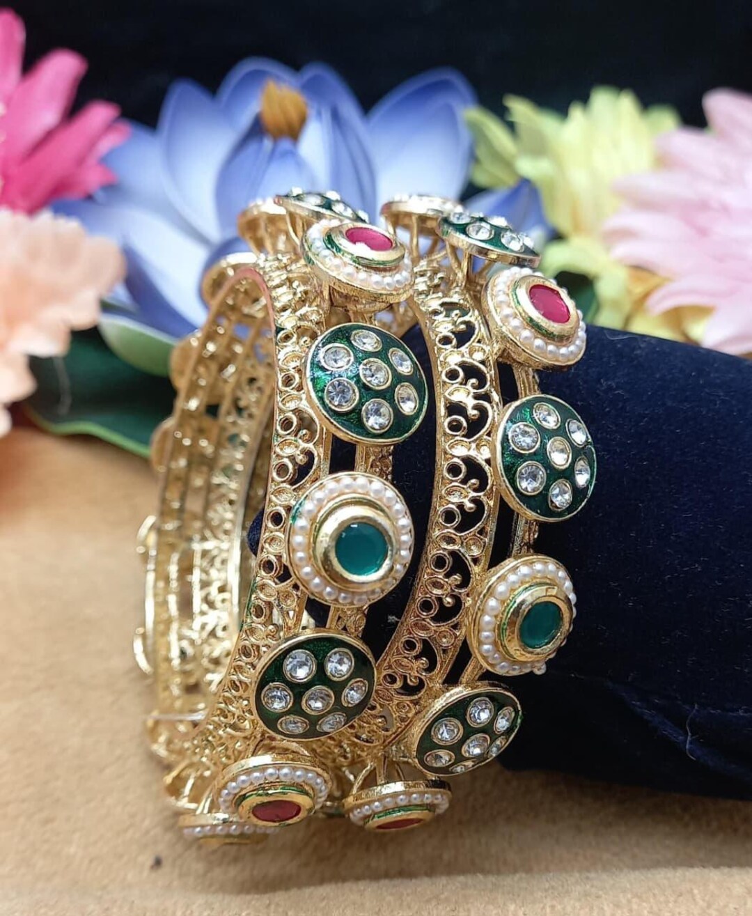 Rajwadi Kada/ Gold Ruby Green Bangles Bangle /antique Gold Kada/kundan ...