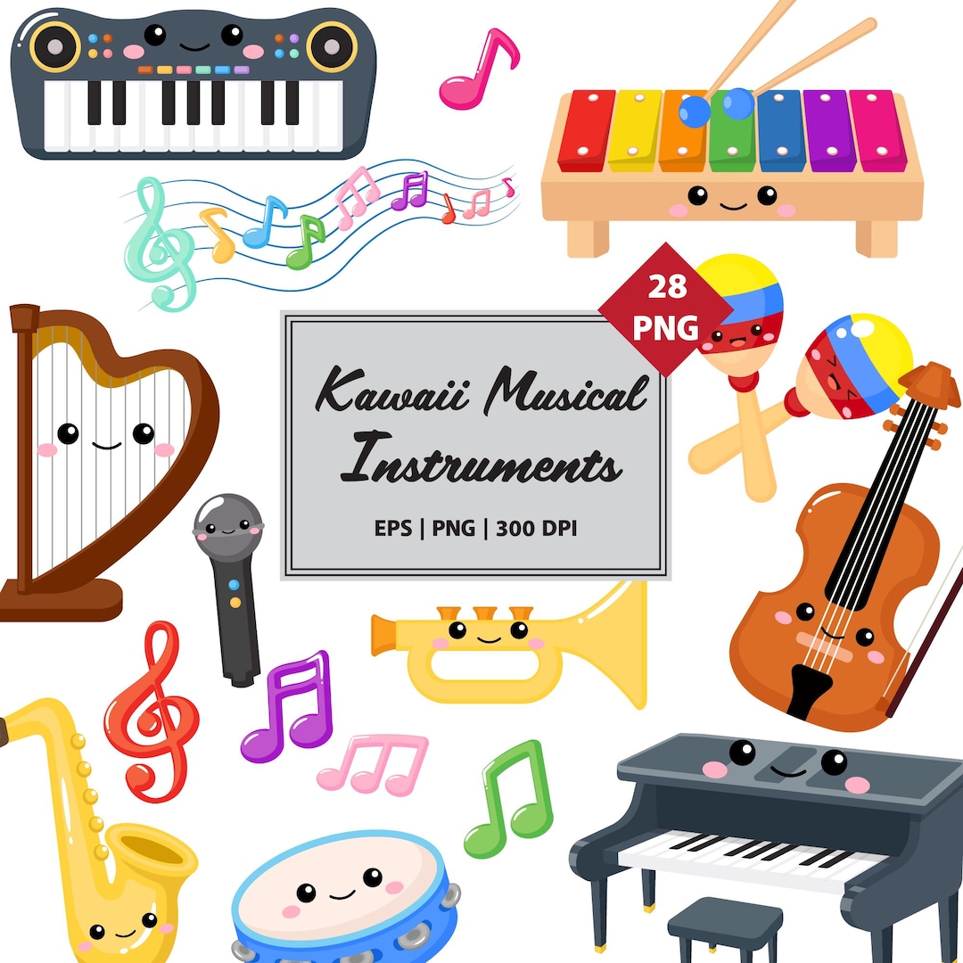 Kawaii Musical Instruments Clipart – Cute Band & Music Notes PNG | Kids ...