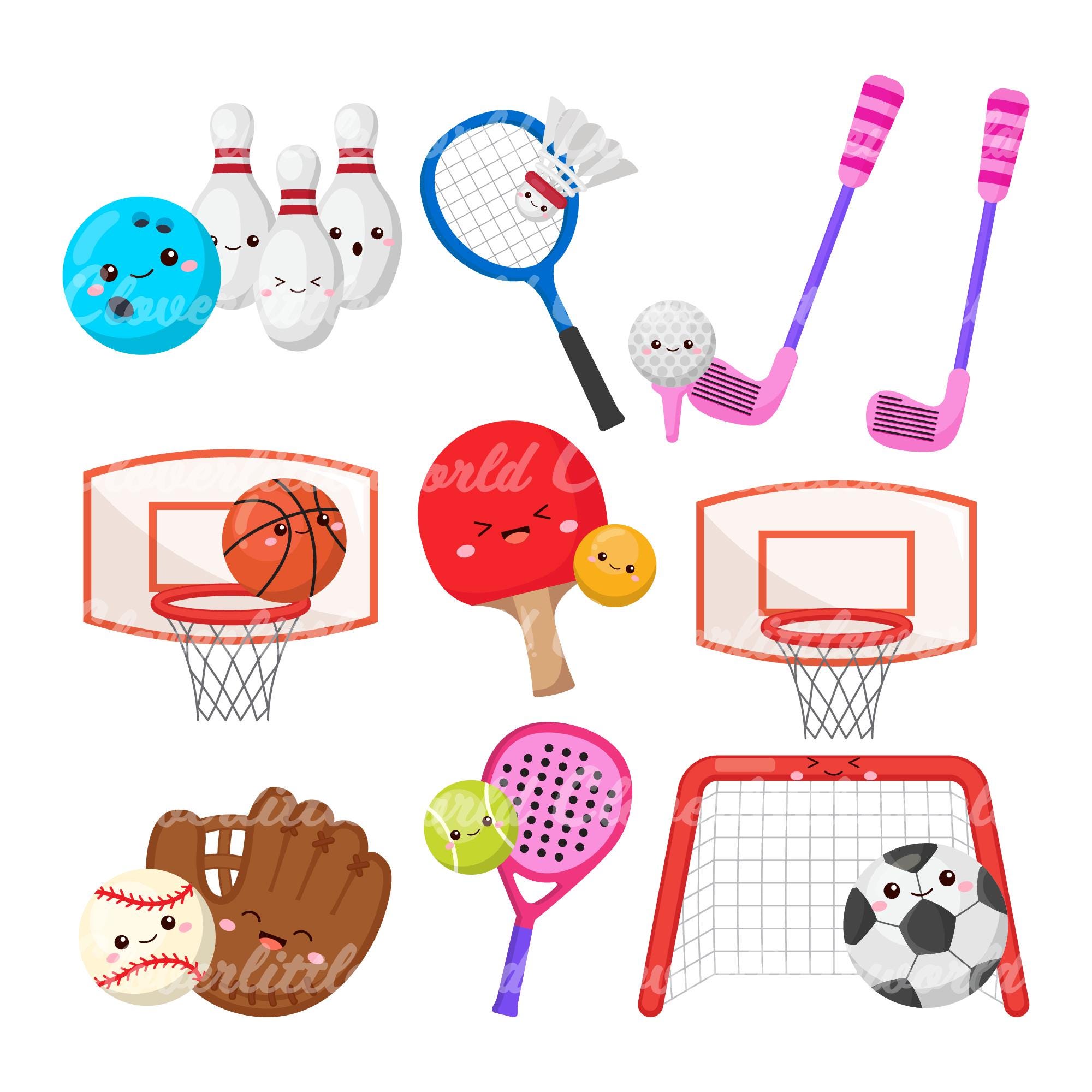 Cute Printable Kawaii Sports Ball and Equipment PNG Clipart - Etsy