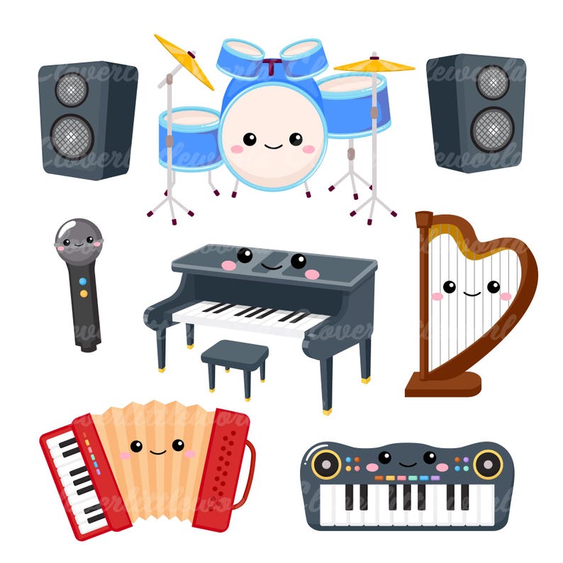 Kawaii Musical Instruments Clipart – Cute Band & Music Notes PNG | Kids ...