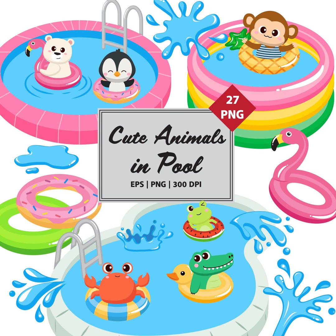 Summer Pool Party Clipart | Cute Animals & Floaties | Kawaii PNG + EPS ...