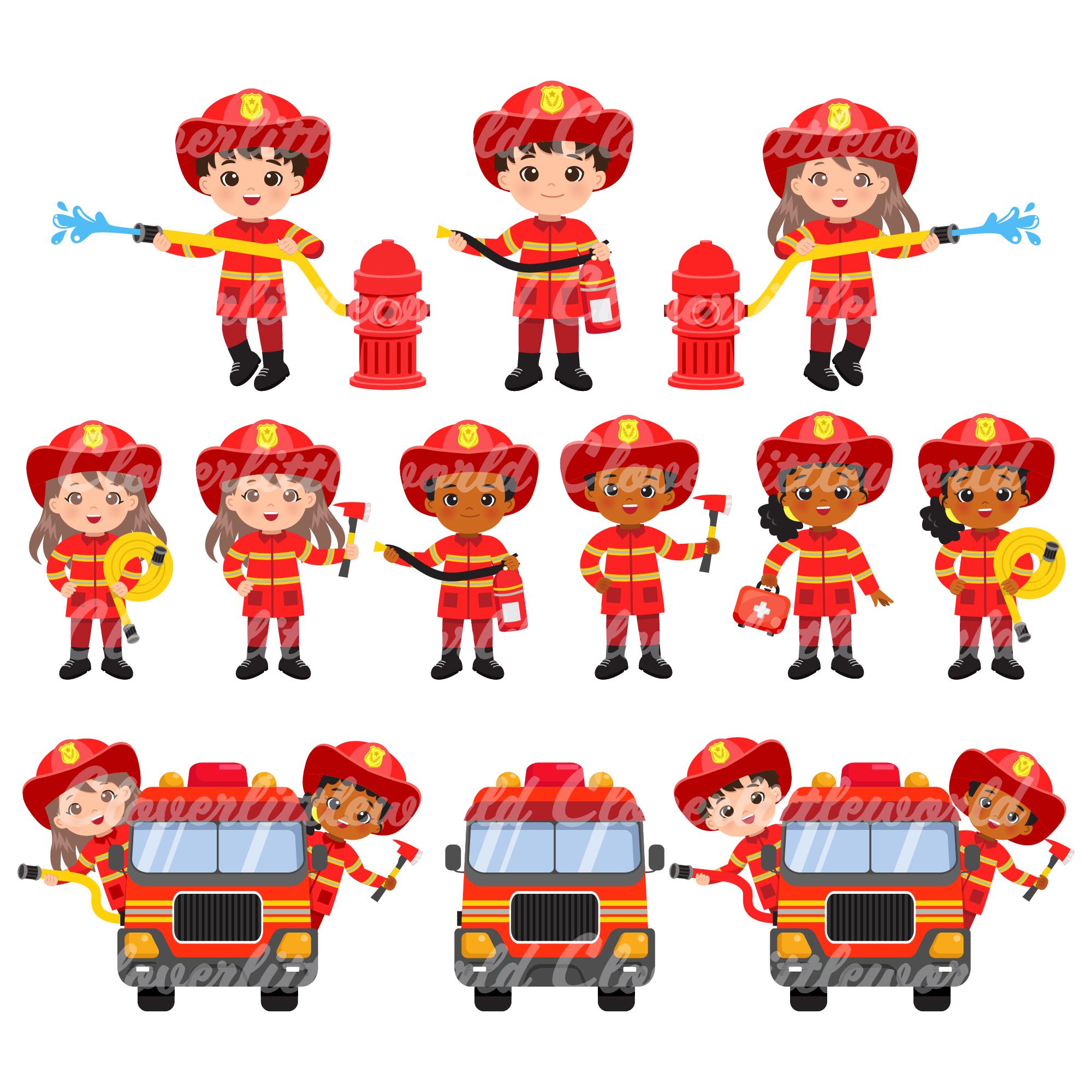 Cute Firefighter Clipart Bundle for Kids, Fire Station, Fire Truck ...