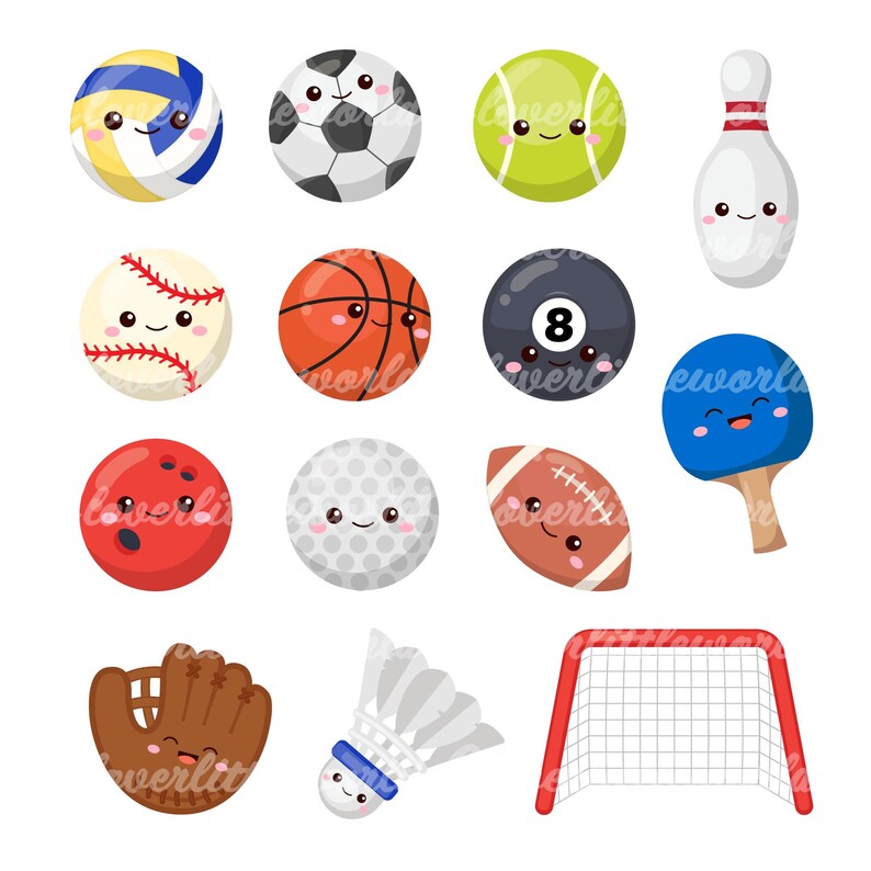 Cute Printable Kawaii Sports Ball and Equipment PNG Clipart - Etsy