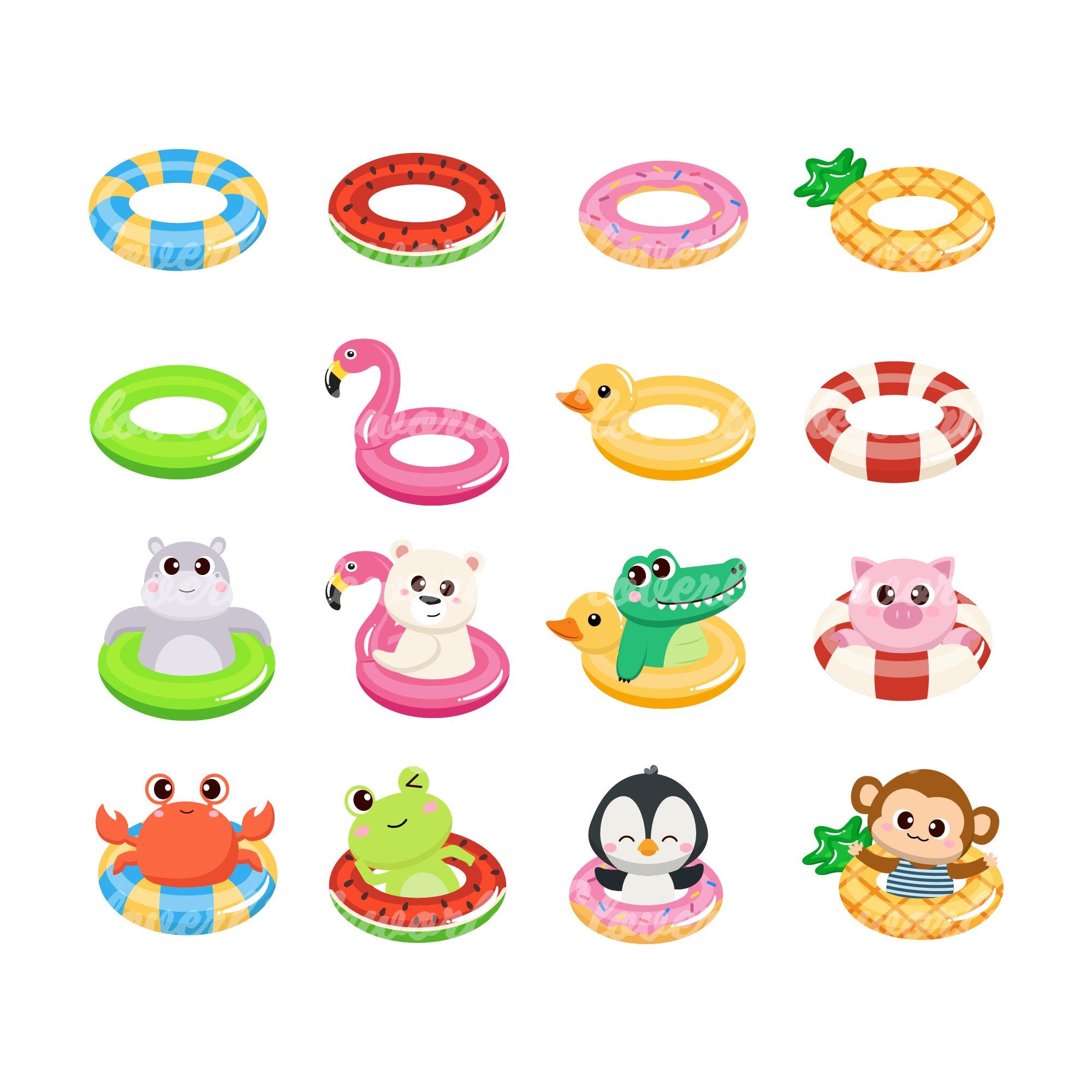 Summer Pool Party Clipart | Cute Animals & Floaties | Kawaii PNG + EPS ...