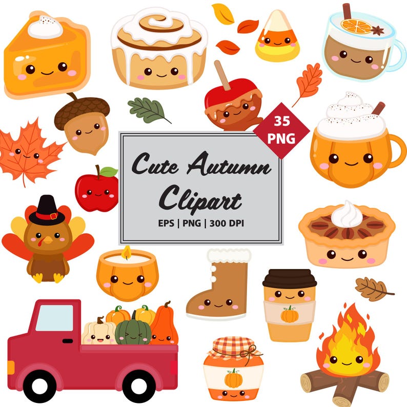 Cute Autumn Clipart | Kawaii Fall PNG | Pumpkin Spice, Thanksgiving ...