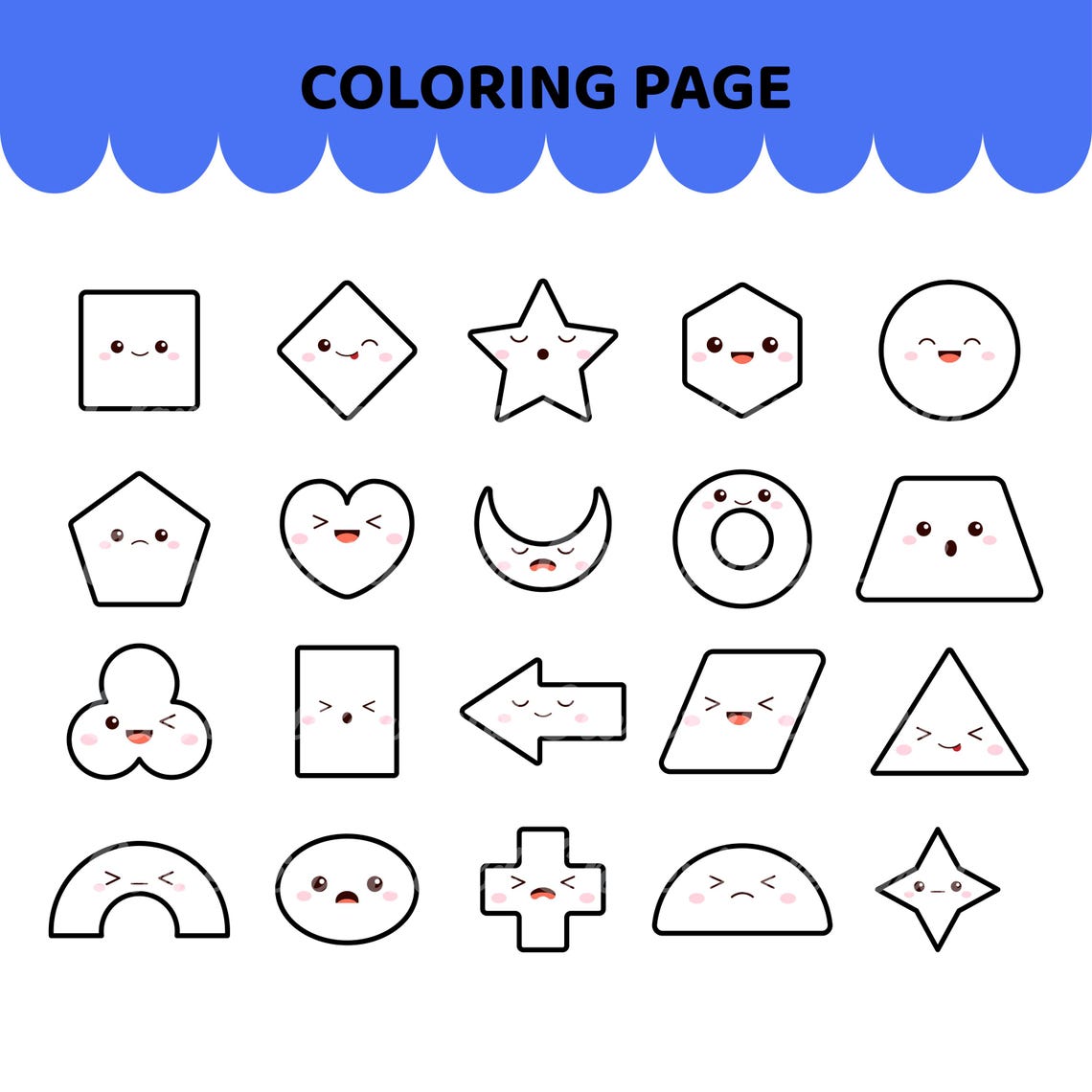 Kawaii Shapes Clipart | Cute Geometric Shapes for Kids | Line Art ...