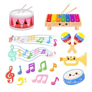 Kawaii Musical Instruments Clipart – Cute Band & Music Notes PNG | Kids ...