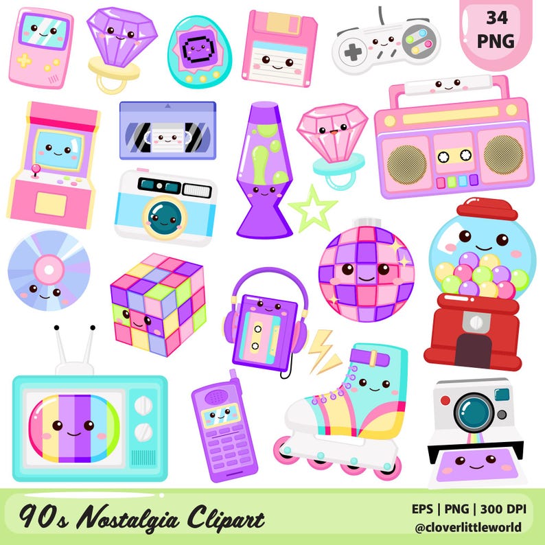90s Retro Kawaii Clipart: Pastel Nostalgia Digital Stickers, Vintage ...