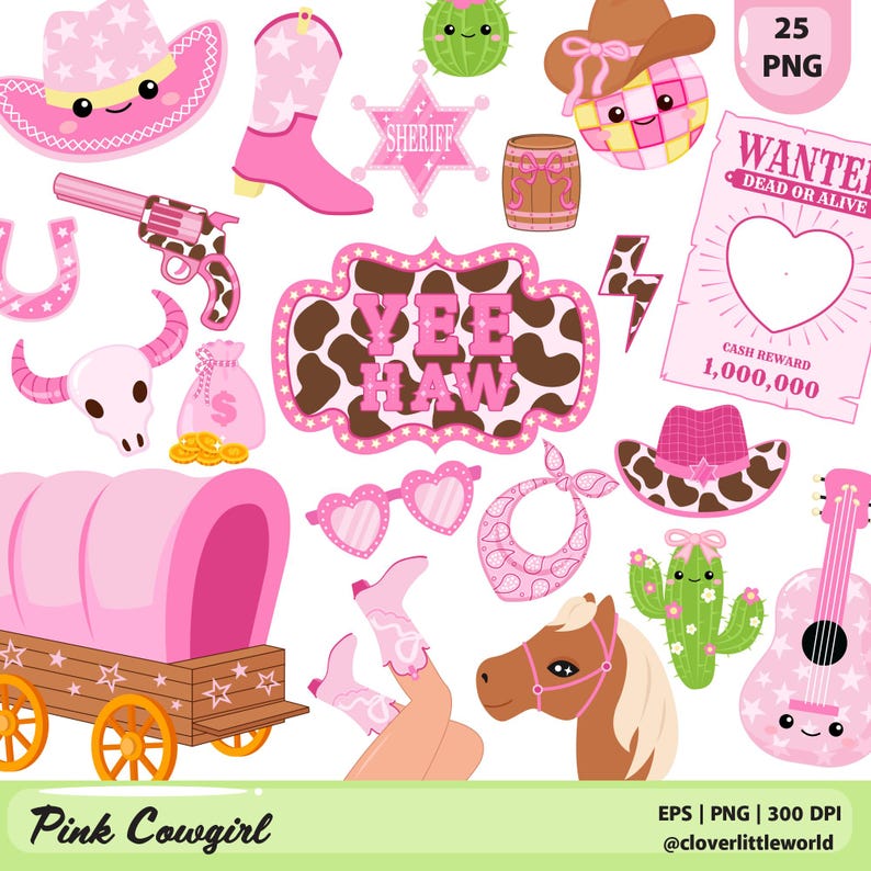 Pink Cowgirl Clipart Set, Rodeo Graphics, Kawaii PNG (commercial Use ...