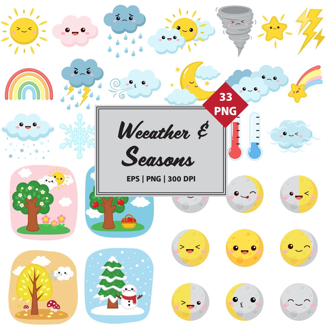 Kawaii Weather & Seasons Clipart Bundle: Classroom Decor PNG (33 Images ...