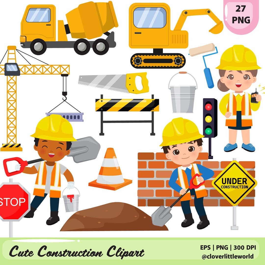 Cartoon Construction Clipart Bundle | Builder, Vehicles PNG EPS - Etsy