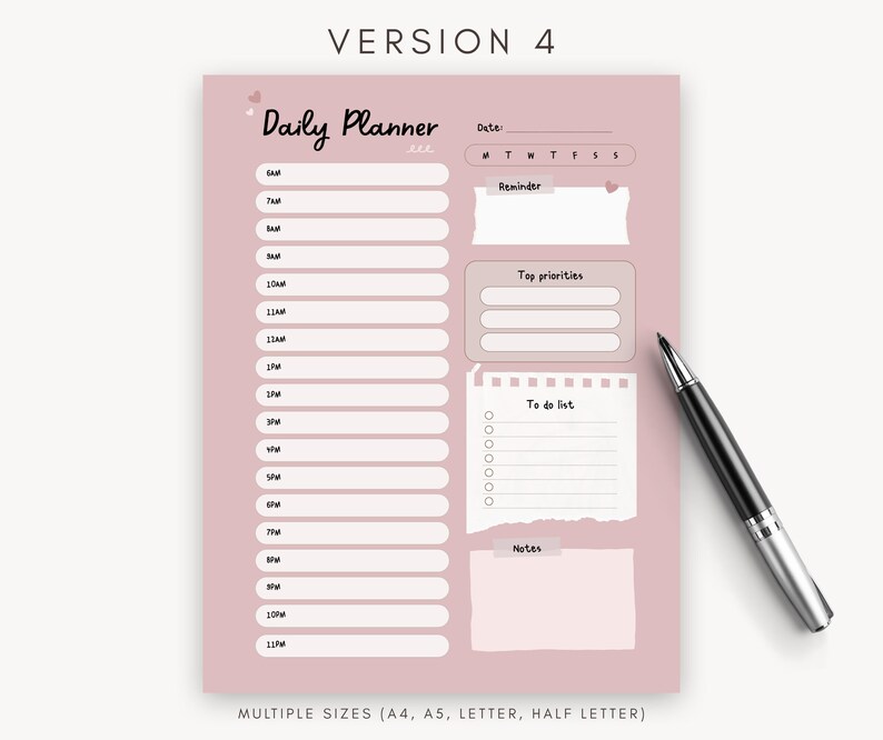 Soft Pastel Pink Daily Planner Printable | Undated PDF | A4, Letter, A5 ...