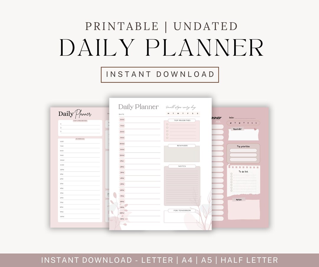 Soft Pastel Pink Daily Planner Printable | Undated PDF | A4, Letter, A5 ...