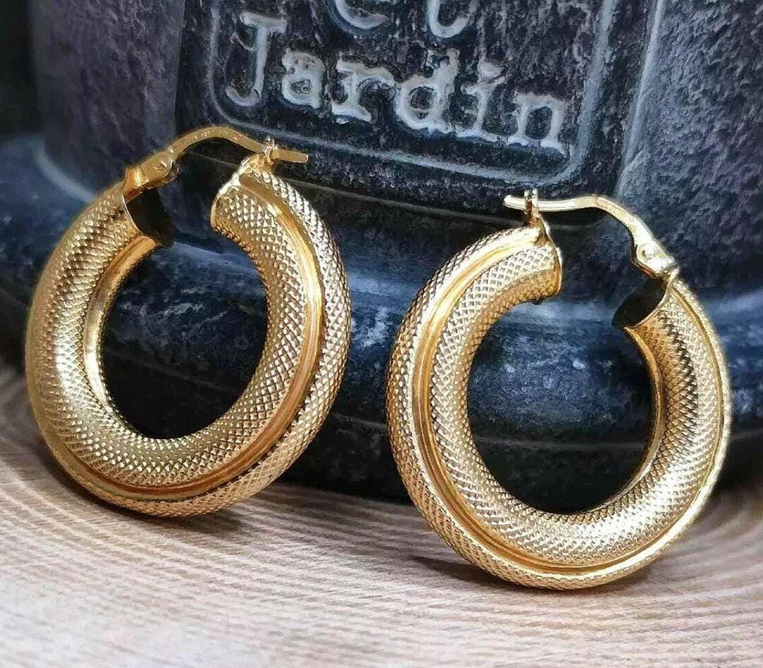 Vintage Italian 9ct Gold Hoop Earrings: Chunky Textured Unoaerre - Etsy