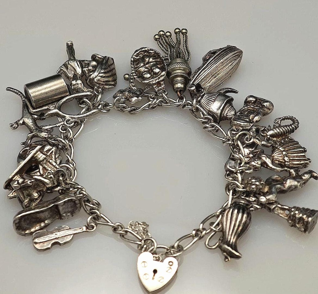 Antique Sterling Silver Charm Bracelet Lots of Charms Vintage 69 Grams ...