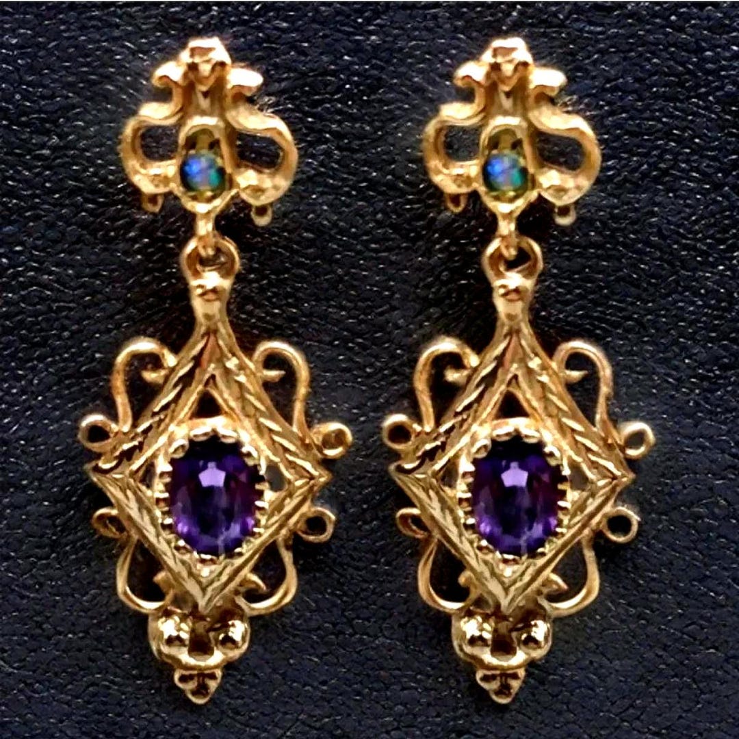 Vintage 9ct Gold Amethyst & Opal Drop Earrings Hallmarked Pretty ...