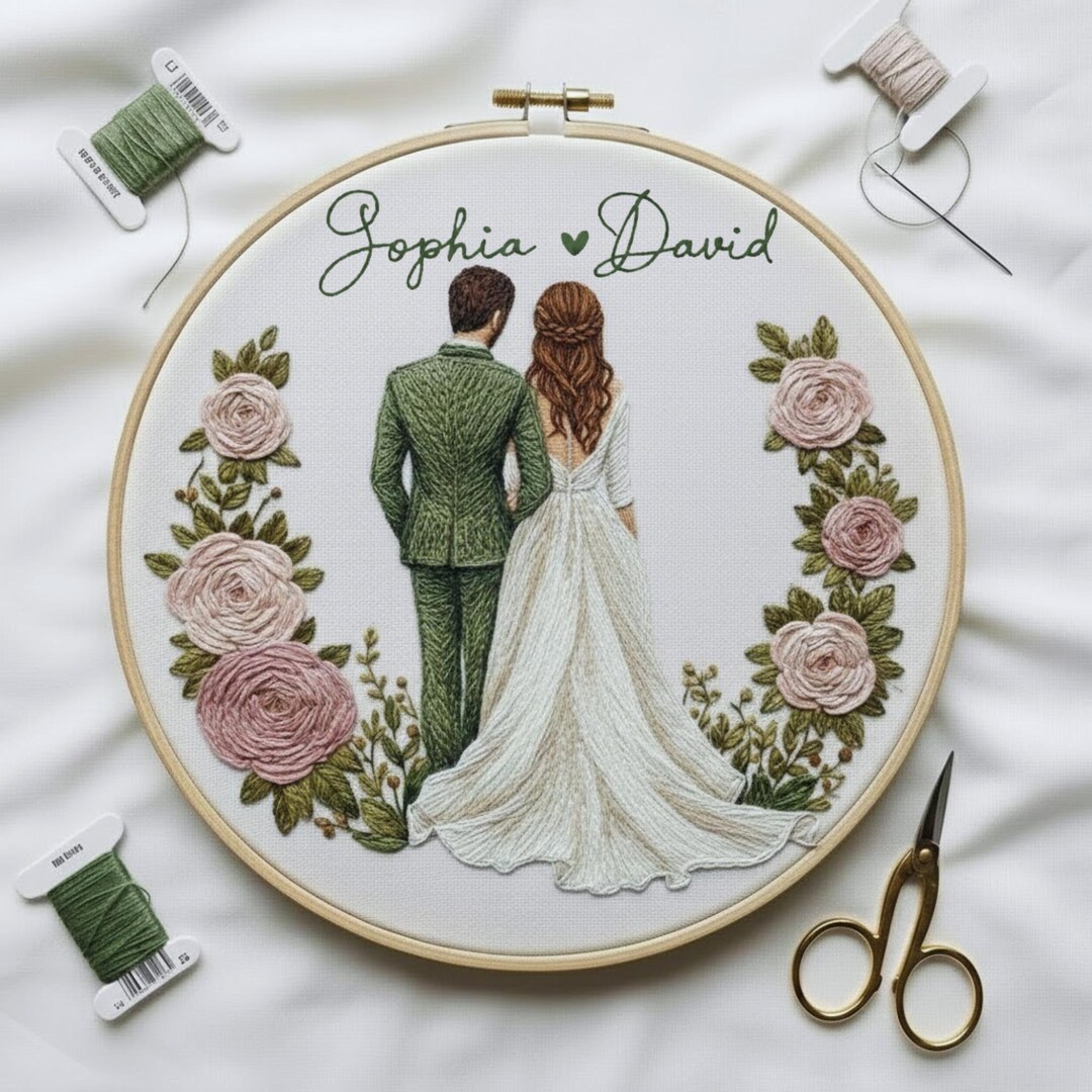 Personalized Wedding Embroidery Hoop, Custom Couple Portrait With Names ...