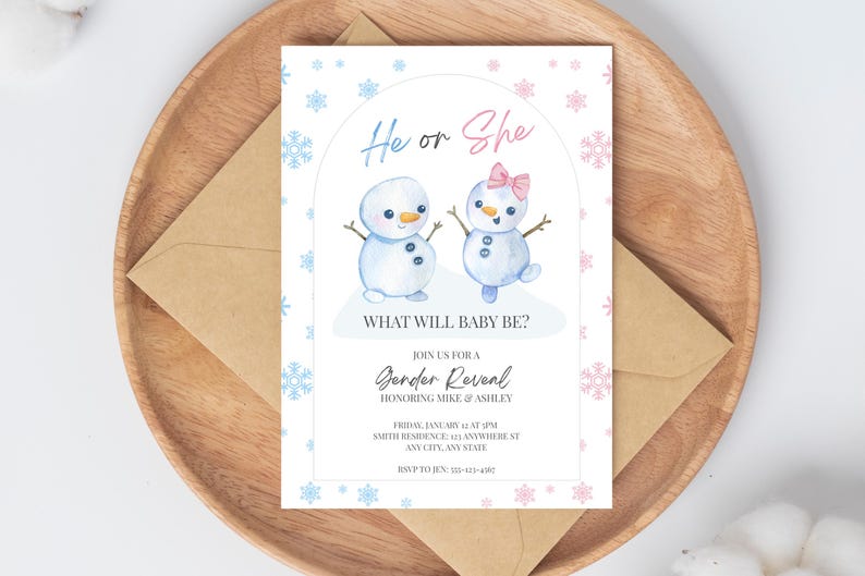 Winter Gender Reveal Snowman Theme Invitation Template: Editable He or ...
