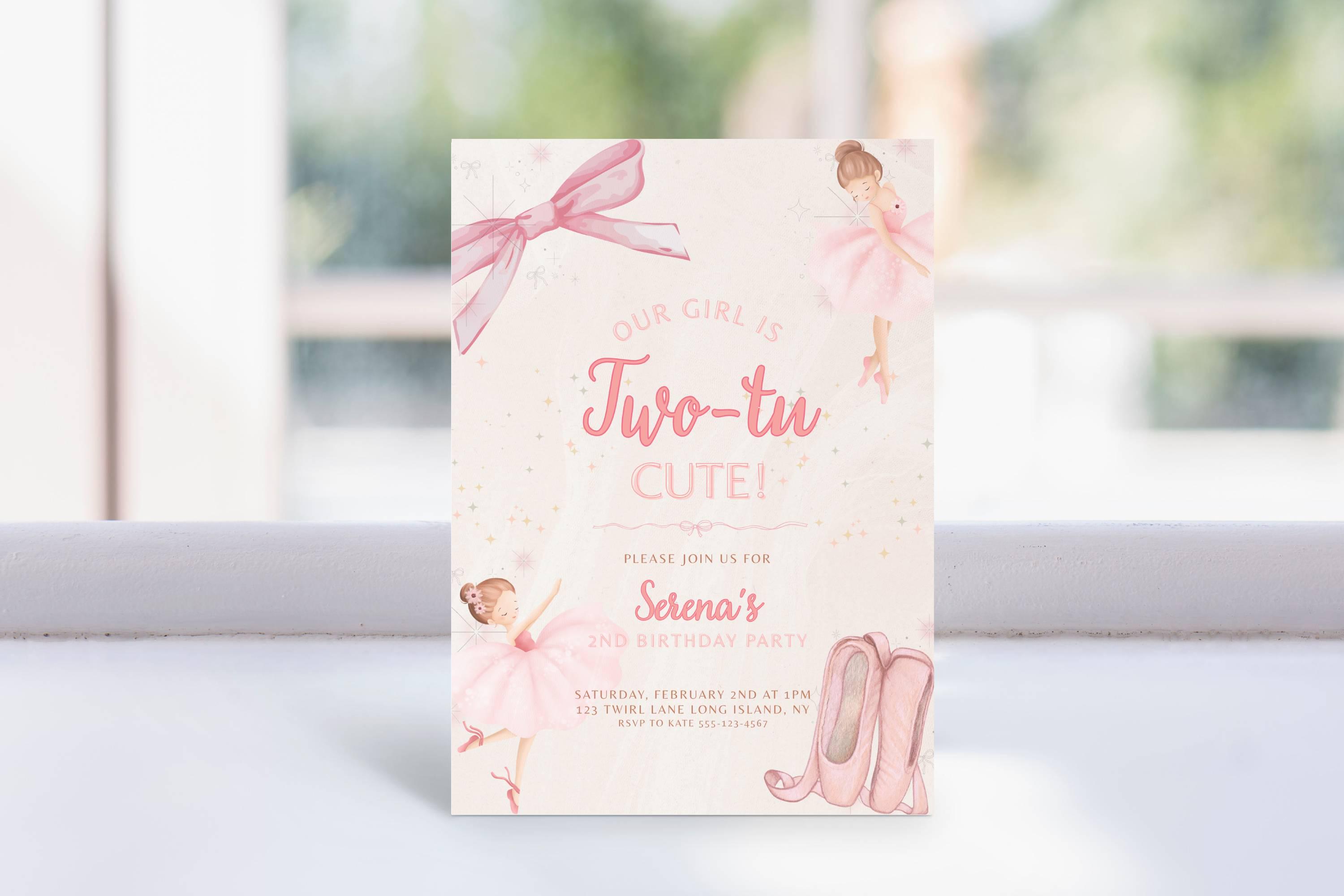 Two-tu Cute 2nd Birthday Invitation Template, Ballet Birthday Theme ...