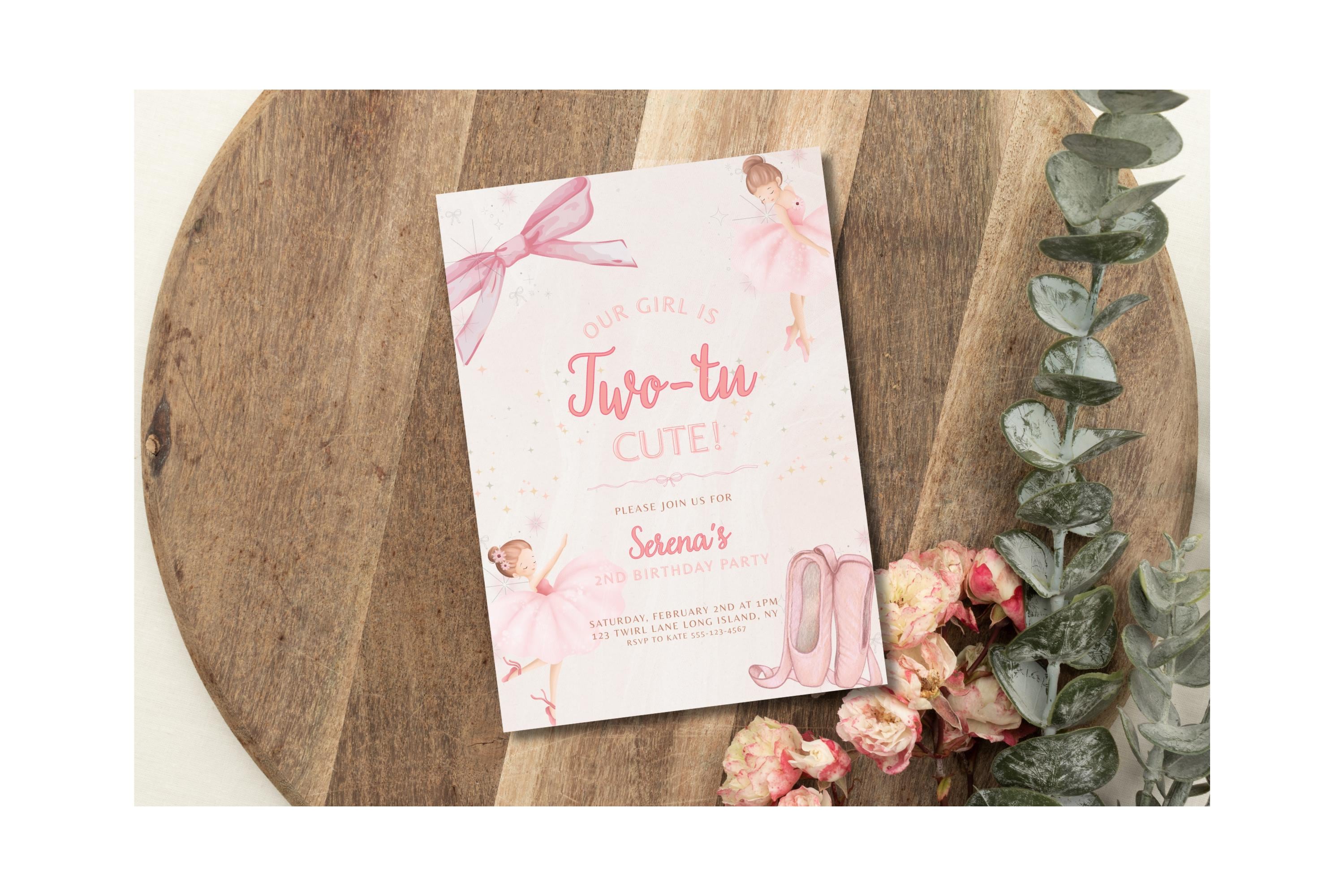 Two-tu Cute 2nd Birthday Invitation Template, Ballet Birthday Theme ...