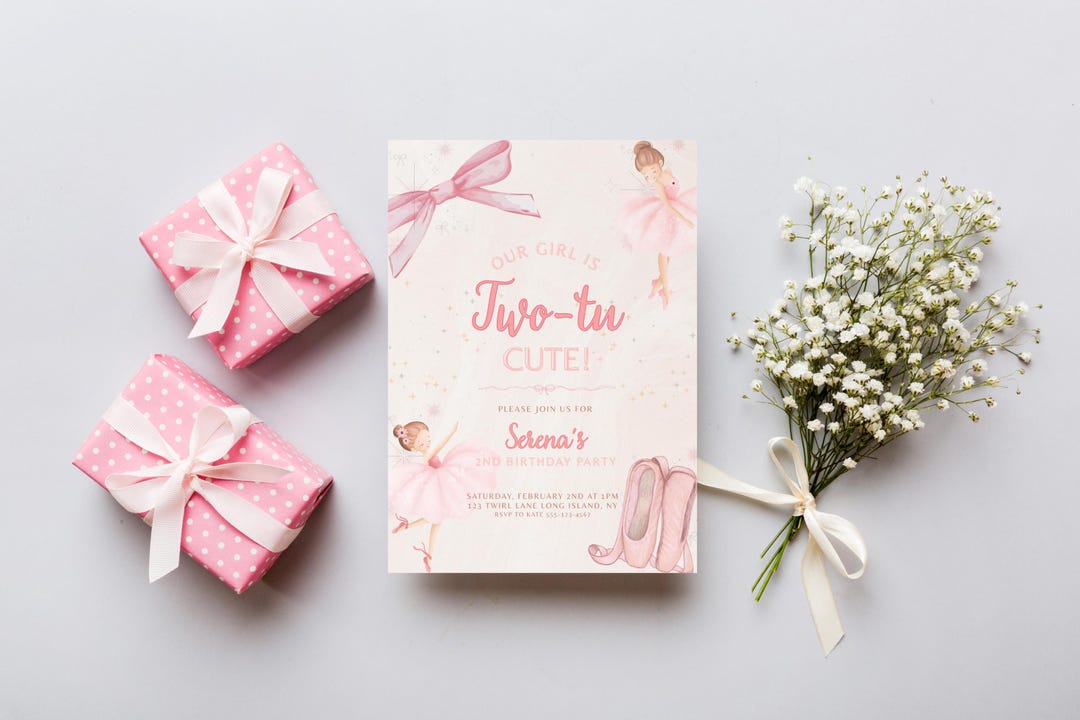 Two-tu Cute 2nd Birthday Invitation Template, Ballet Birthday Theme ...